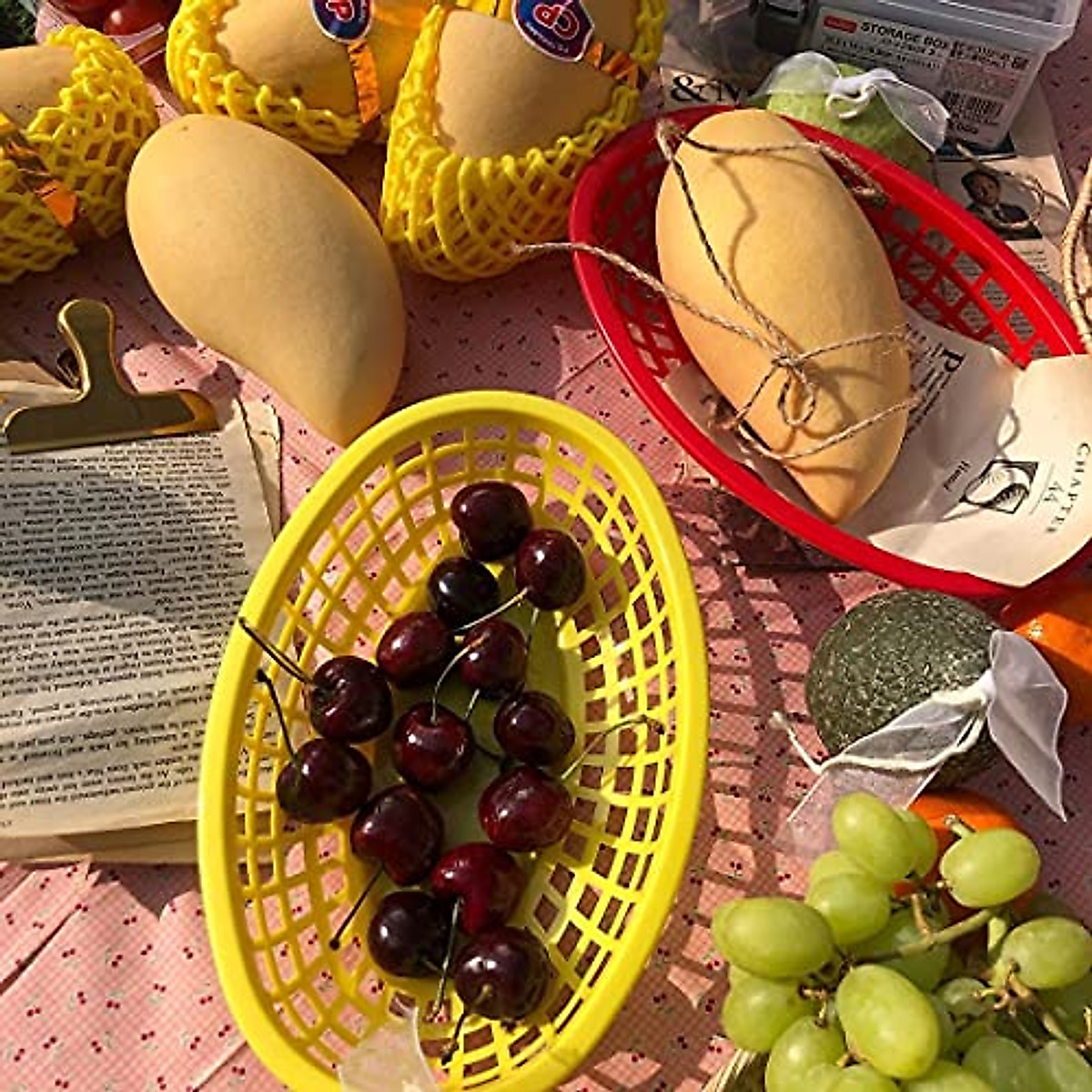 Kingrol 48 Pack Oval Fast Food Baskets for Parties, Carnivals, Fairs, and Picnic - Colorful Plastic Storage Basket Bins for Home, Office, School