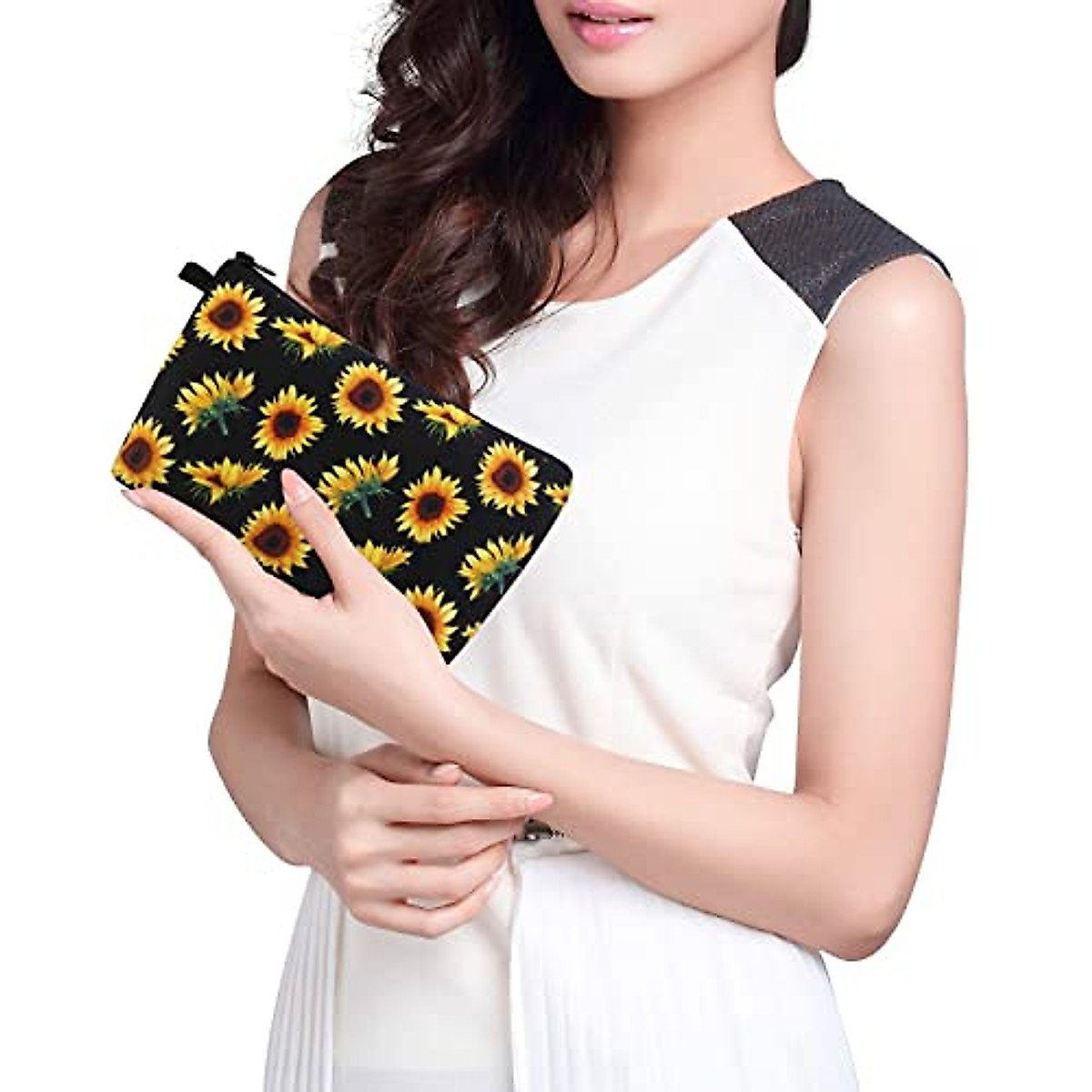 MAGEFY Sunflower Makeup Bag for Women, Portable Travel Cosmetic Bag with Black Zipper Pouch Waterproof Makeup Pouch Multifunctional Small Bag for Women (1 pack, sunflower 0173)