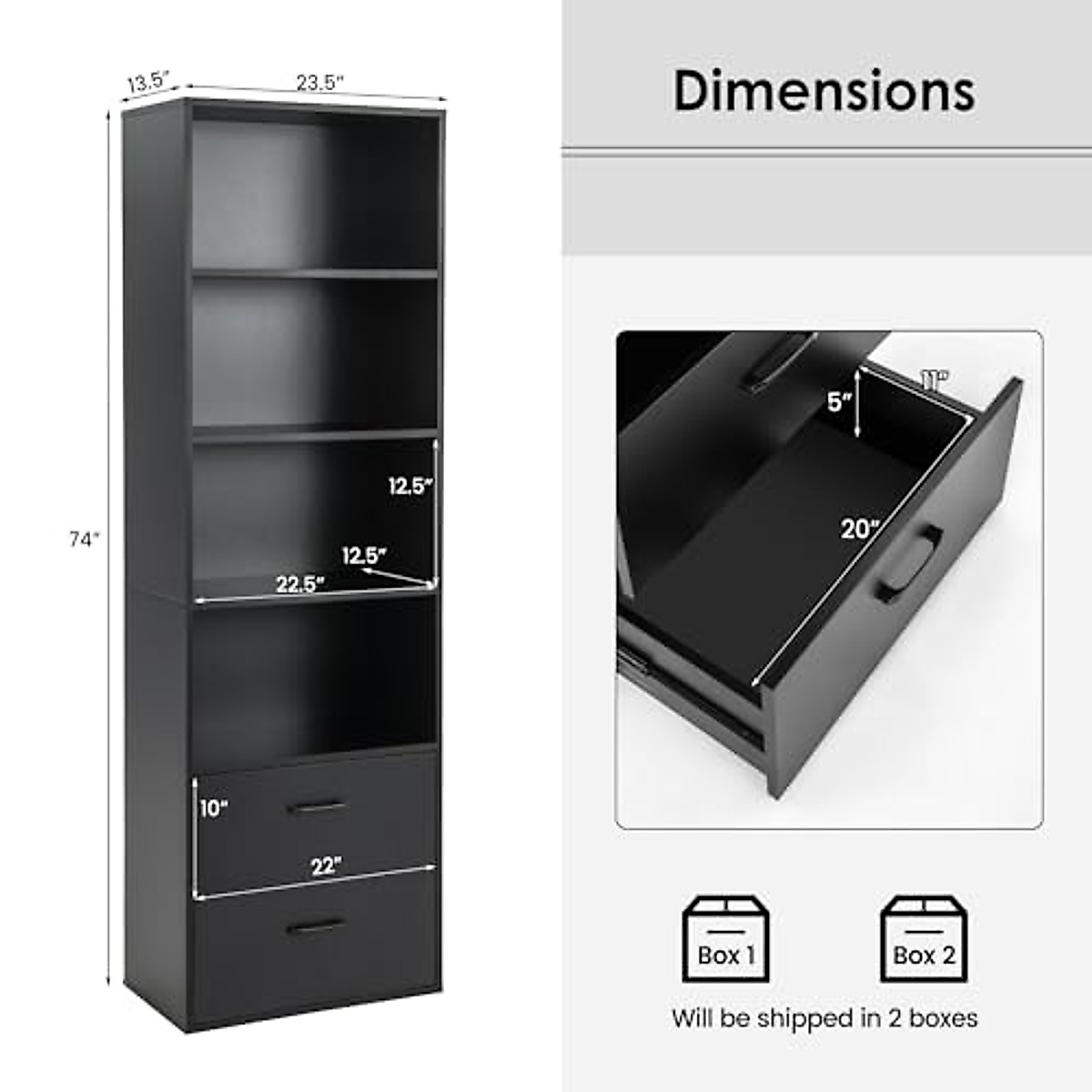 JIMUOO 74’’ Tall Bookshelf with Drawers, 4 Shelf Bookcase with Storage Cabinet, 4 Tier Wooden Book Display Shelf Storage Organizer for Bedroom Office Home Living Room