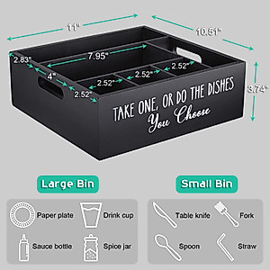 ALELION Paper Plate Holder for Counter, Cutlery Holder with Handles, Rustic Wood Organizer Caddy for Cups, Forks, Spoons, Napkins - Party BBQ Camping RV Buffet Caddy, Black Farmhouse Kitchen Decor