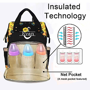 Custom Sunflower Elephant Diaper Bag Backpack for Baby Girl Boy, Personalized Name Black Large Nappy Nursing Orangizer Mommy Bags, Waterproof Travel Daypack for Dad Mom Gifts