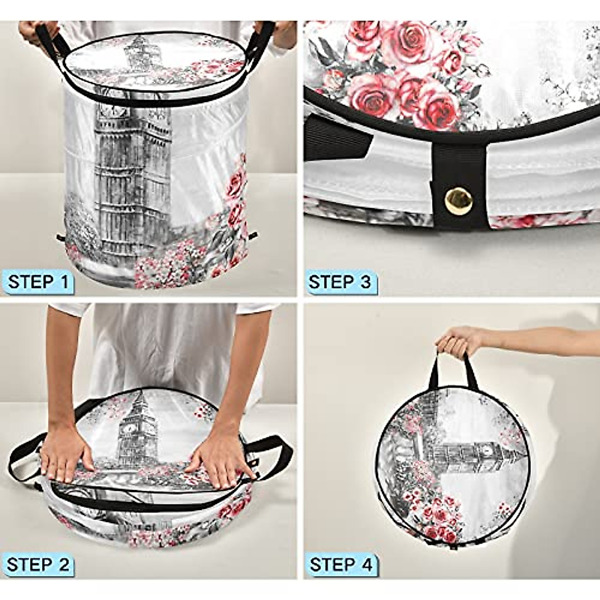 London Big Ben Rose Pop Up Laundry Hamper With Lid Foldable Laundry Basket With Handles Collapsible Storage Basket Clothes Organizer for Home College Dorm Camping