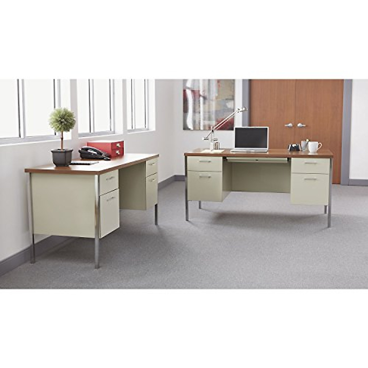 Alera 19912 60 in. x 30 in. x 29.5 in. Double Pedestal Steel Desk - Cherry/Putty, Putty Legs