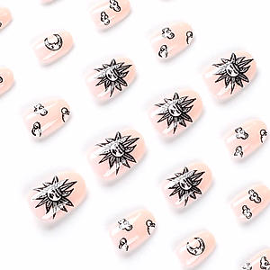 Press on Nails Short Moon Clouds with Designs Nude Glossy Fake Nails Full Cover Glue on Nails Acrylic Nails False Nails Nail Decorations for Women Girls