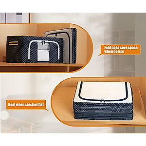 Furnhome Clothes Storage Organizer Bins, Foldable Storage Bins-Oxford Cloth Steel Frame Storage Box for Clothing Storage with Foldable Clear Window & Reinforced Handles (Navy Dots, 22L, 3PCS)…