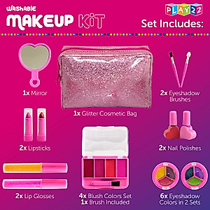 Kids Makeup Kit For Girl - 13 Piece Washable Kids Makeup Set – My First Princess Make Up Kit Includes Blush, Lip Gloss, Eyeshadows, Lipsticks, Brushes, Mirror Cosmetic Bag Best Gift For Girls Original