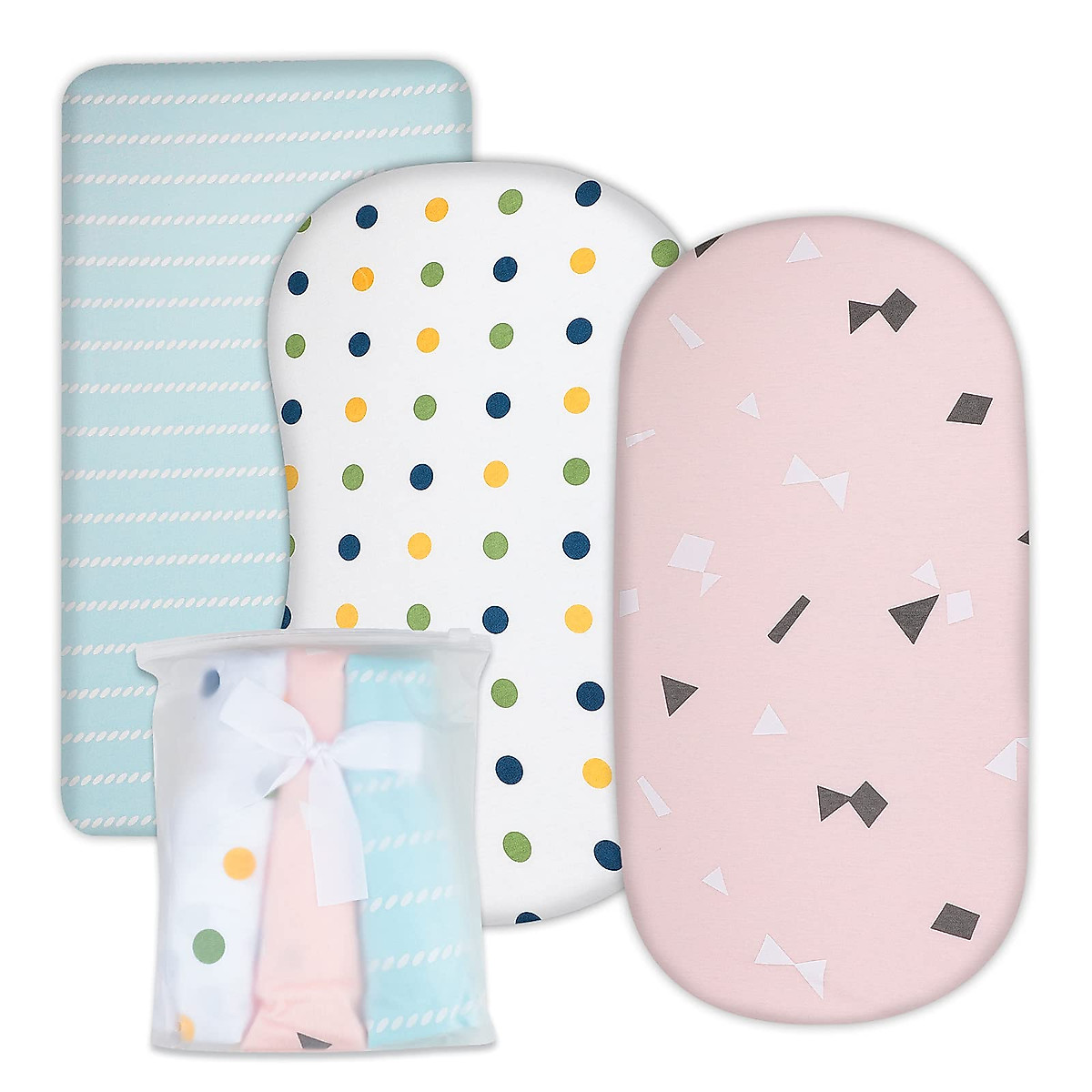 MOEMOE BABY Bassinet Sheets, 3 Pack Fitted Bassinet Sheets for Baby Boys and Girls, 100% Cotton Bassinet Cover for Oval, Hourglass & Rectangle Mattress