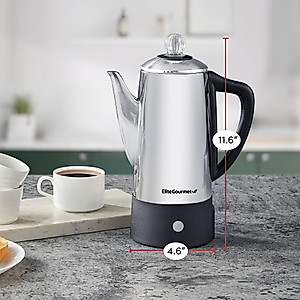 Elite Gourmet EC140 Electric 6-Cup Coffee Percolator with Keep Warm, Clear Brew Progress Knob Cool-Touch Handle Cord-less Serve, Stainless Steel