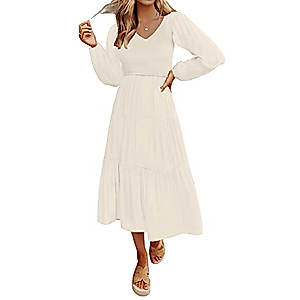 MEROKEETY Women's Long Sleeve Smocked Fall Dress A Line Tiered Midi Maxi Dress with Pockets,Beige,M