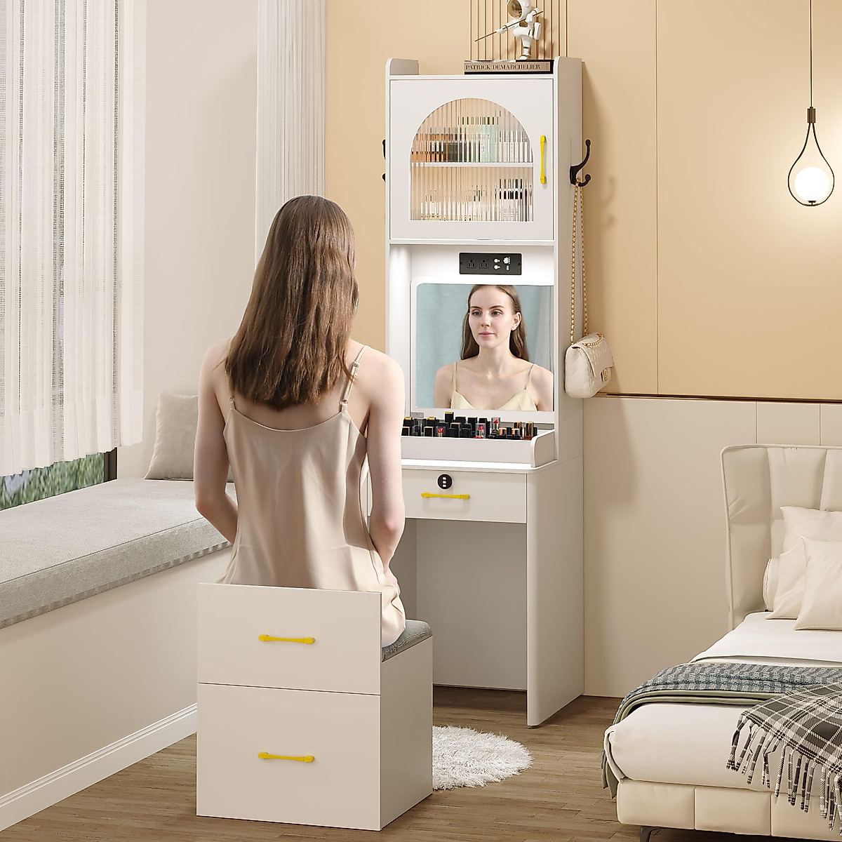 Small Vanity Desk with Mirror and Lights, Makeup Vanity Table with Drawers for Small Space, Compact Mini Corner Vanity Set Dressing Table - Charging Station & Human Motion Sensing for Bedroom (White)