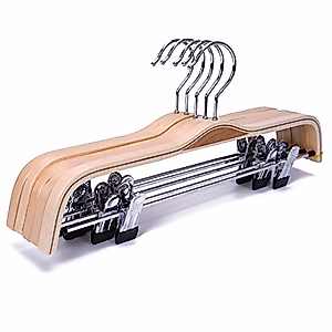 J.S. Hanger Natural Finish Wooden Pant Hangers with Anti-rust Hook and 2-Adjustable Clips, 5-Pack