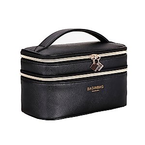 iN. Multifunction Dual Compartment Portable Waterproof Cosmetic Bag Travel Makeup Case With Handle -Two Storage Compartments Space Fits ALL Your Makeup and Lipstick Train Case for Womens