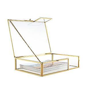 Feyarl Gold Clear Glass Photo Mail Letter Box Bill Greeting Cards Keepsake Jewelry Trinket Shadow Organizer Collection Display Case Decorative Box with Lid for Home Deco Office Table