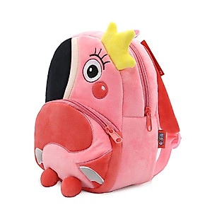 KISSOURBABY 3D Cute Cartoon Little Plush Baby Backpack Baby Toy Bag(Flamingo)