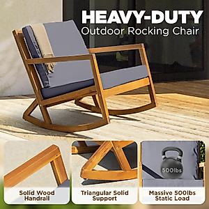 IDZO Heavy Duty Club Rocking Chairs 500lbs Capacity with Inclined Backrest, Thick Foam Cushion, Solid Acacia Wood Rocker for Patio, Backyard, Balcony, Porch, Grey