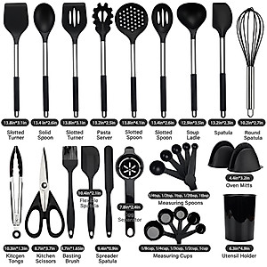 NCUE Cooking Utensils Set, 28 Pcs Silicone Kitchen Utensils Set with Holder, Silicone Whisk, Spatulas, Scissors, Measuring Cups and Spoons Set with Stainless Steel Handle Kitchen Gadgets (Black)