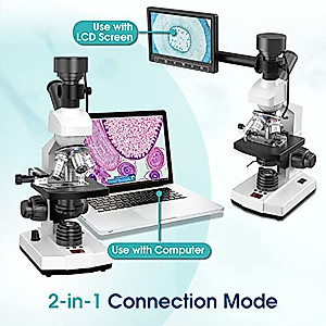 Microscope for Adults with 40X-2500X Magnification,Dual-View Lab Compound Monocular Microscopes with Adjustable Thermostat Mechanical Stage, WF10X/25X Eyepiece, 7'' LCD Screen, Built in 5MP Camera