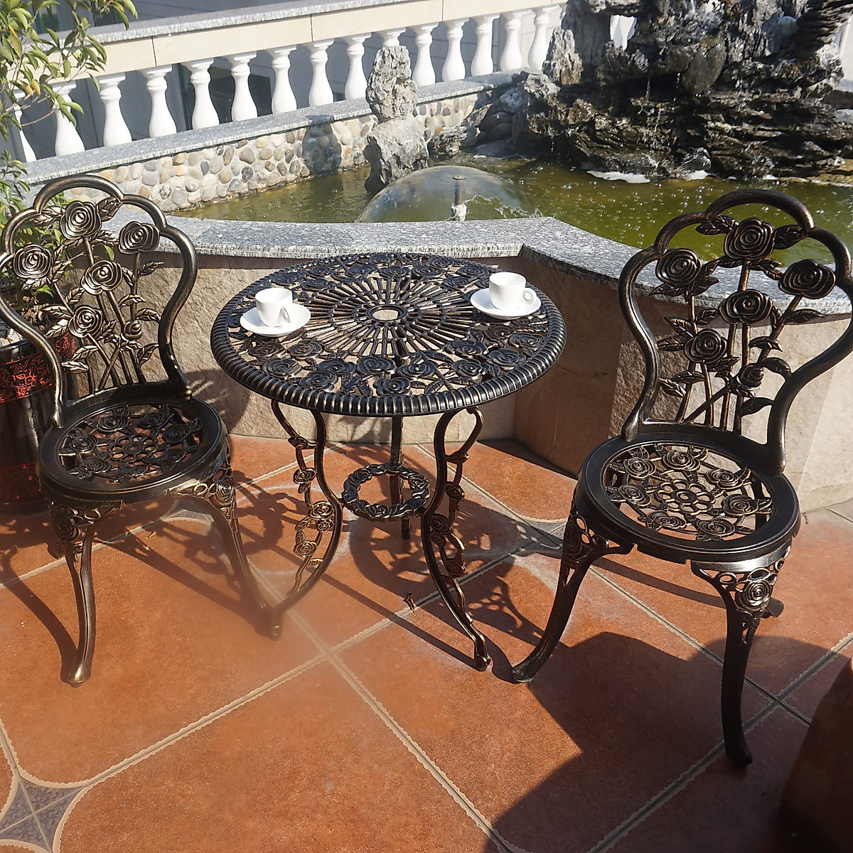 KAI LI Outdoor Furniture Bistro Set with Rose Pattern 1 Table 2 Chairs for Garden Patio Porch (Rose-Bronzed)