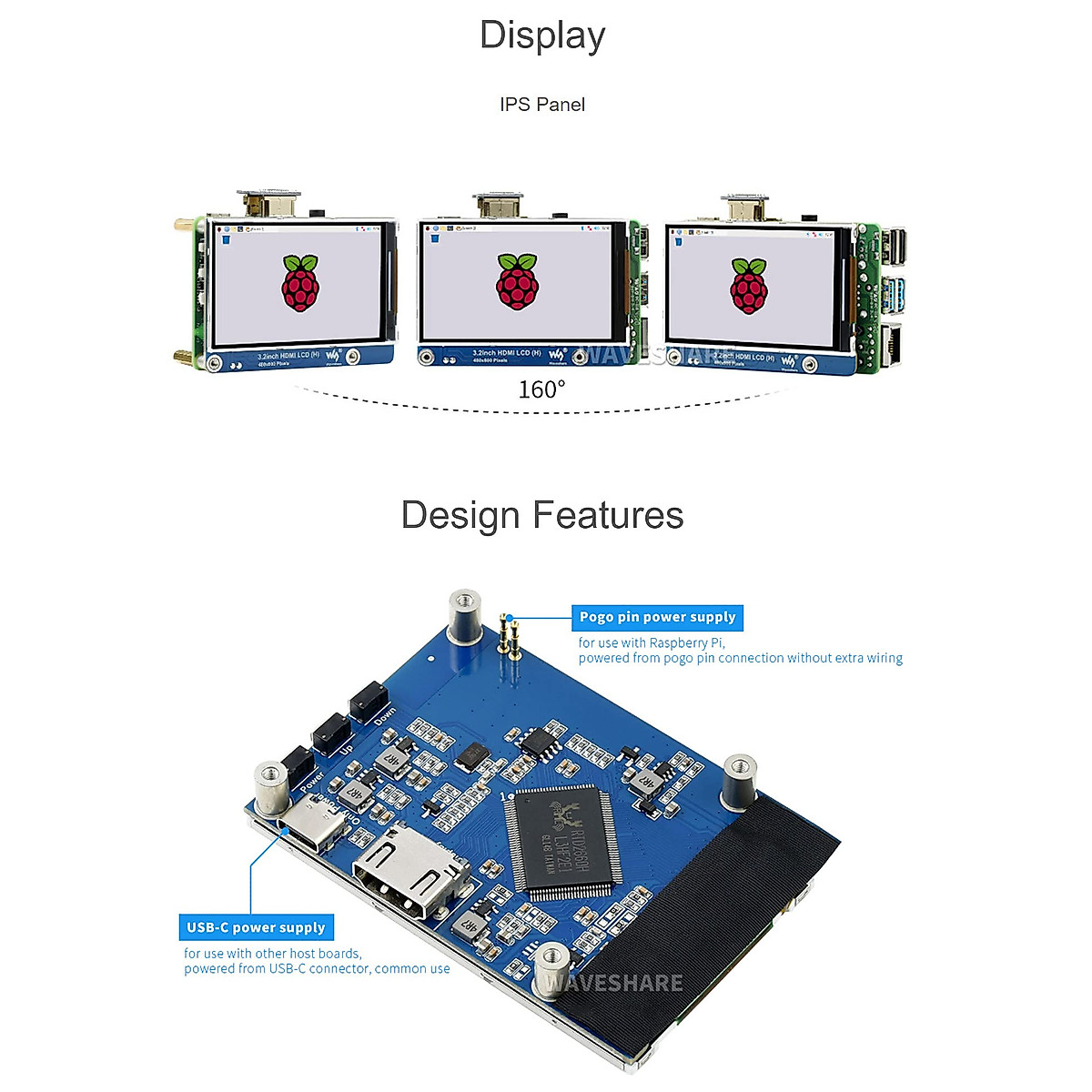 3.2inch HDMI IPS LCD Display (H) Fits Raspberry Pi/Jetson Nano/PC, 480×800, No Touch Screen, Adjustable Brightness