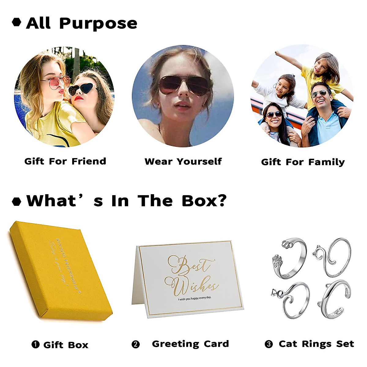 RINHOO FRIENDSHIP 4Pcs Cute Cat Rings Silver Plated Pet Open Adjustable Finger Statement Ring for Women (SET 1)