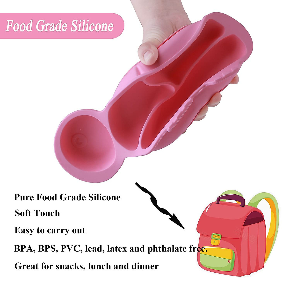 NICINGU Silicone Suction Plate spoon fork sets for Toddlers,Divided Plate Dish Placemat Bowl for Baby Kids Infant Self Feeding Training，Fits Most Highchairs, BPA Free Microwave Dishwasher Safe-Pink