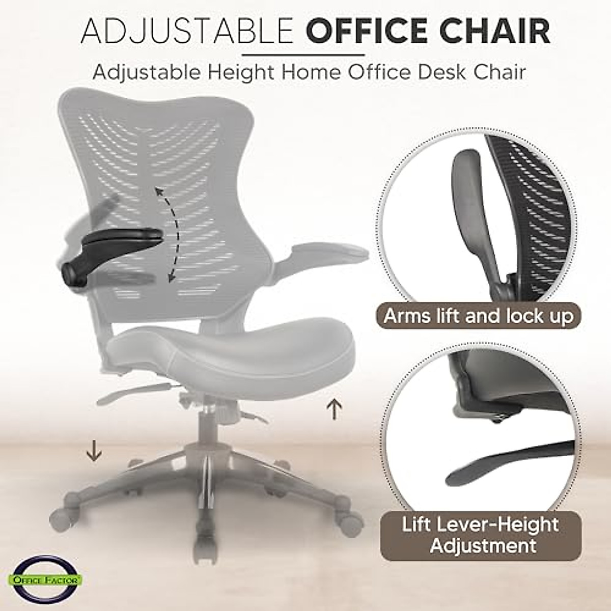 Officefactor Ergonomic Breathable Mesh Chair with Flip-up Armrests, Lumbar Support Executive Rolling Swivel Task Computer Office Chair or Home Desk Chair (Black MESH)