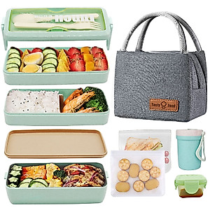 DearHomie 30 PCs Bento Box Upgrade Japanese Lunch Box Kit,3 Layer Stackable Leakproof Lunch Box Containers with Accessories,Wheat Straw Bento Lunch Box for Kids and Adults