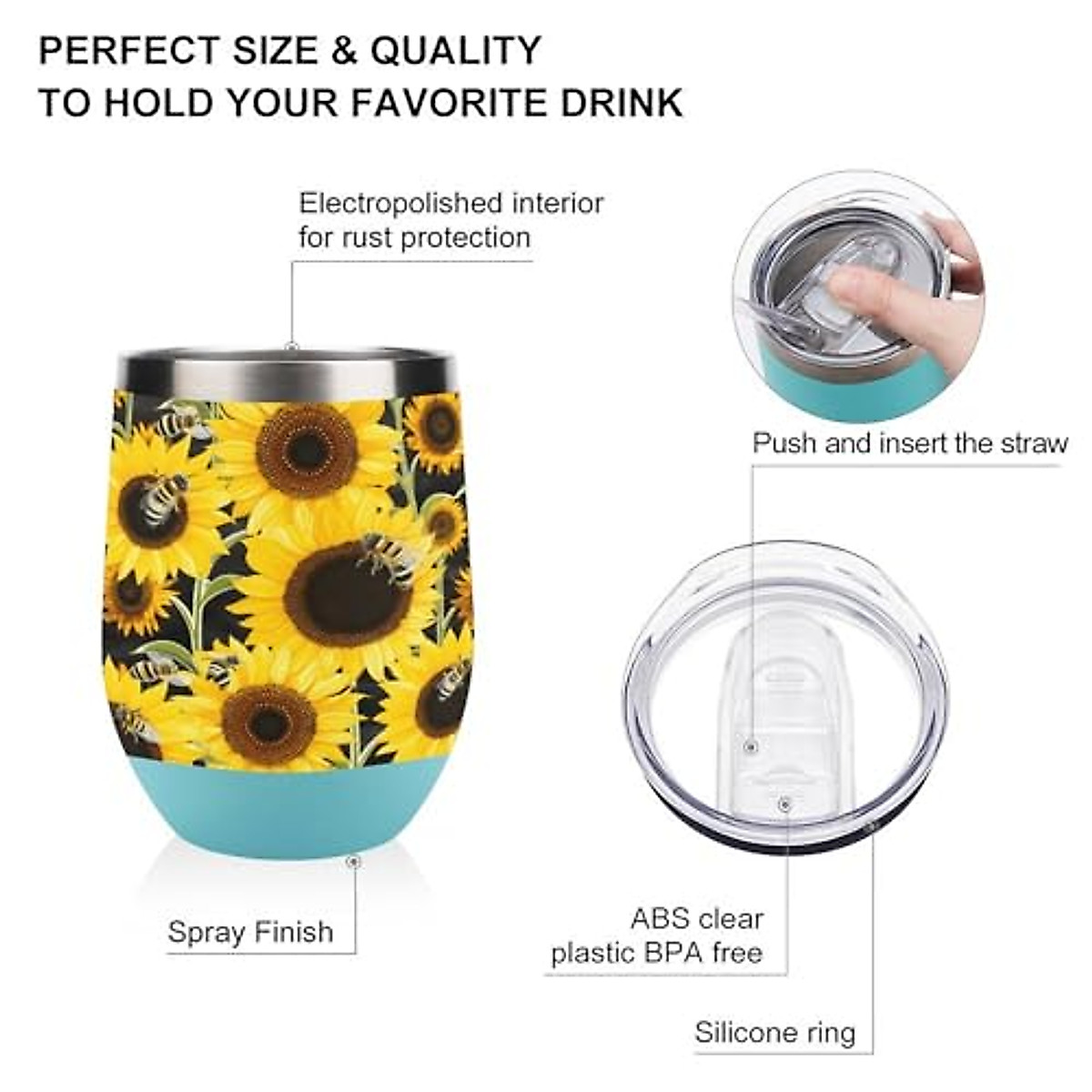 WYUSPGK 304 Stainless Steel Insulated Cup, Sunflower Bees Print Smooth Rim, Durable & Reusable - Perfect for Office, Home, And Travel