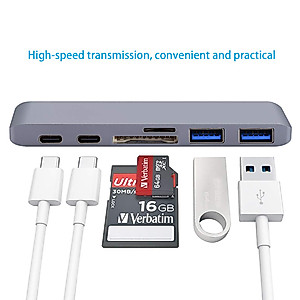 Jiali USB-C Hub Converter 6 in 1 Multi-Function Aluminium Alloy 5Gbps Transfer Rate Dual USB-C/Type-C HUB Adapter with 2 USB 3.0 Ports & 2 USB-C/Type-C Ports & SD Card Slot & TF Card Slot for Macb