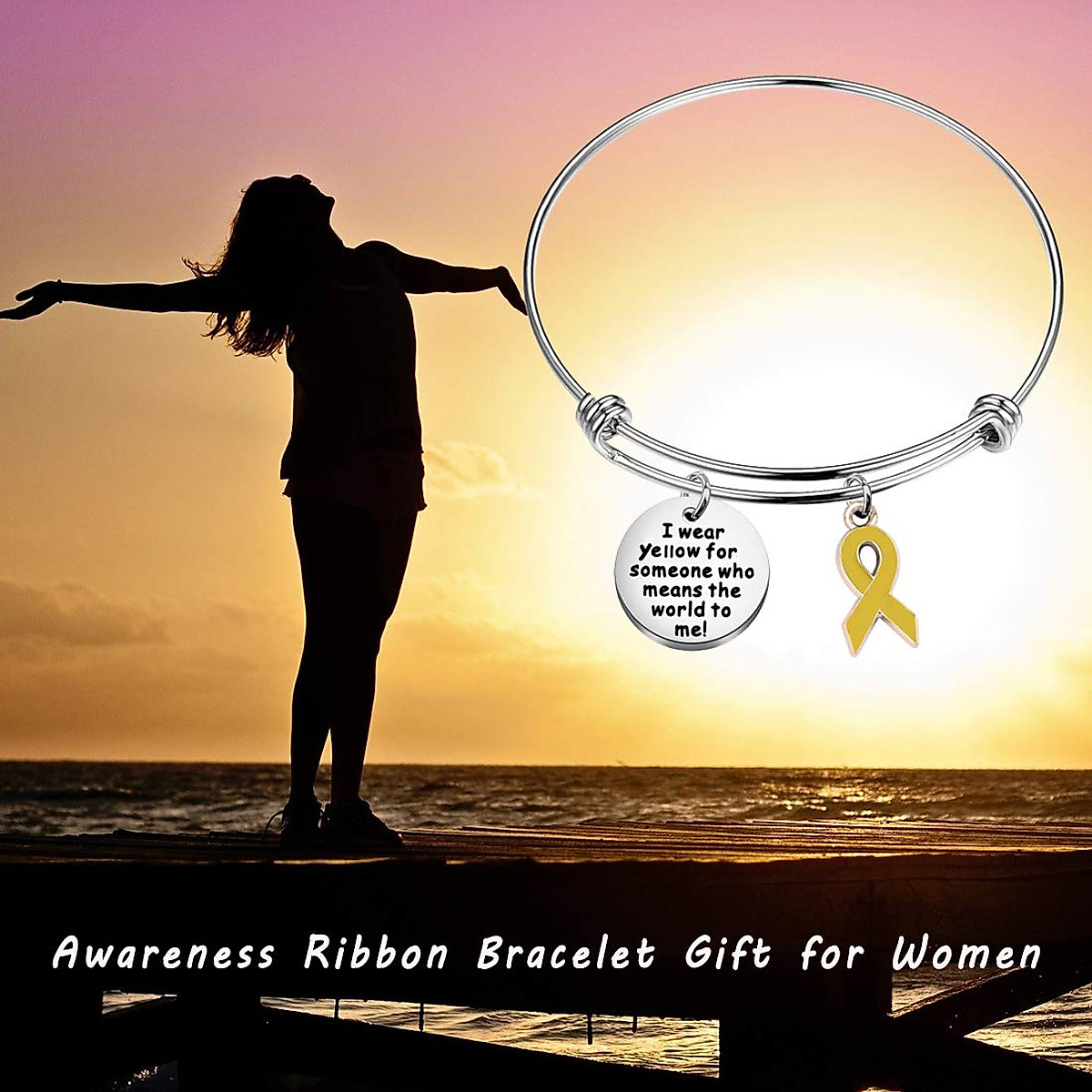 POTIY Yellow Awareness Ribbon Bracelet Bone Cancer Awareness Jewelry Gift Inspirational Bracelet for Endometriosis Bladder Cancer (Yellow Bracelet)