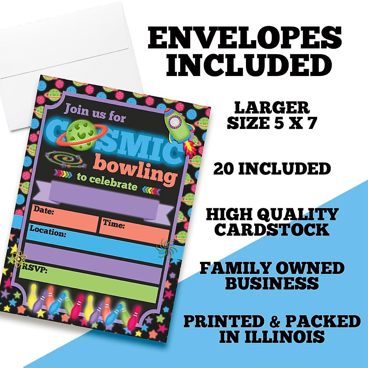 Cosmic Bowling Birthday Party Invitations for Out of This World Glow in the Dark Bowling Parties, 20 5x7 Fill In Cards with Twenty White Envelopes by AmandaCreation