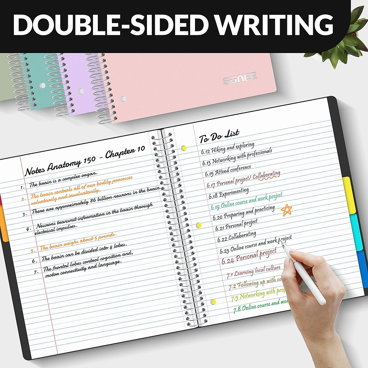 SUNEE 5 Subject Notebook College Ruled - 300 Pages, 8.2"x10.8", Spiral Lined Notebook with 5 Pocket Colored Dividers, 3-Hole Punched Paper, Black Notebooks for School Supplies, Home & Office, Writing Journal