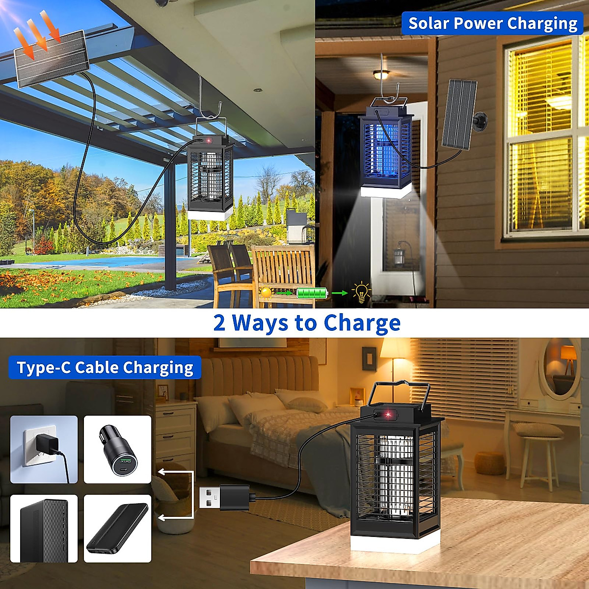 Solar Bug Zapper Outdoor 2024 Upgraded, Human Motion Sensor Mosquito Zapper, 4500V Rechargeable Fly Zapper, Electric Mosquito Killer with Light, 4 Modes Insect Zapper for Patio, Porch, Camping