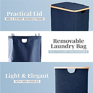 Lonbet - Laundry Hamper with Lid Cover - Sturdy Tall Bamboo Laundry Basket Clothes Organizer - Aesthetic Bedroom Fabric Bin - Big Bathroom Dirty Clothes Hamper - Removable Bag - XL 100 Liters - Blue