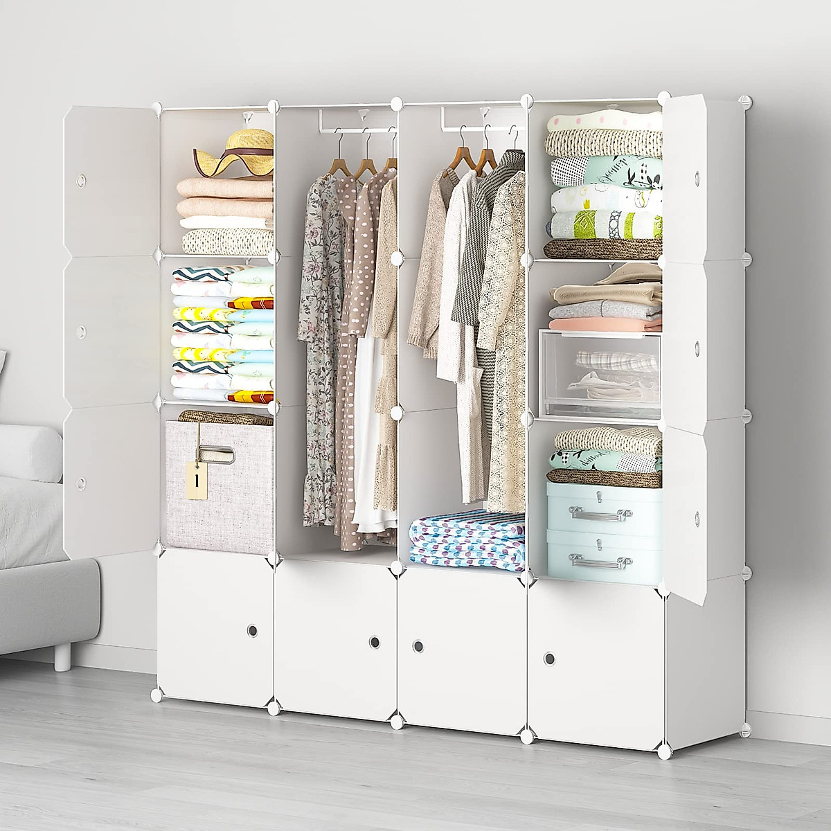 MAGINELS Portable Wardrobe Closets - 14"x18" Depth (16 Cube) Cube Storage, Bedroom Armoire, Wardrobe Storage Closet, Clothes Dresser, Closet Storage Organizer, White