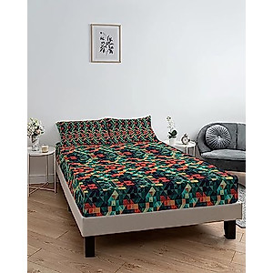 Abstract Colorful Mosaic Tile Art Fitted Bed Sheets Full Size Fit 5-16inch Deep Pockets,Luxury Bottom Sheet Bedding Set with Pillow Case,Seamless Texture Geometric Square Fitted Sheet for Mattress