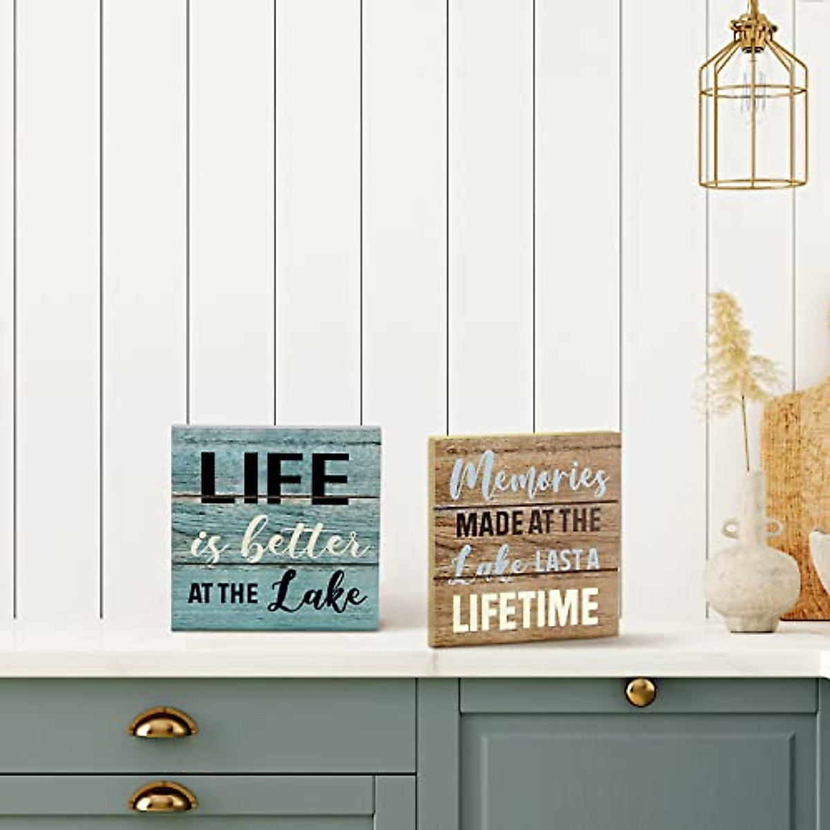 2 Pcs Summer Lake House Decor Memories at The Lake Life Is Better at The Lake Box Sign Wooden Motivational Decor Rustic Lake Cabin Home Wall Decor Primitive Country Lake Sign Farmhouse Kitchen Decor