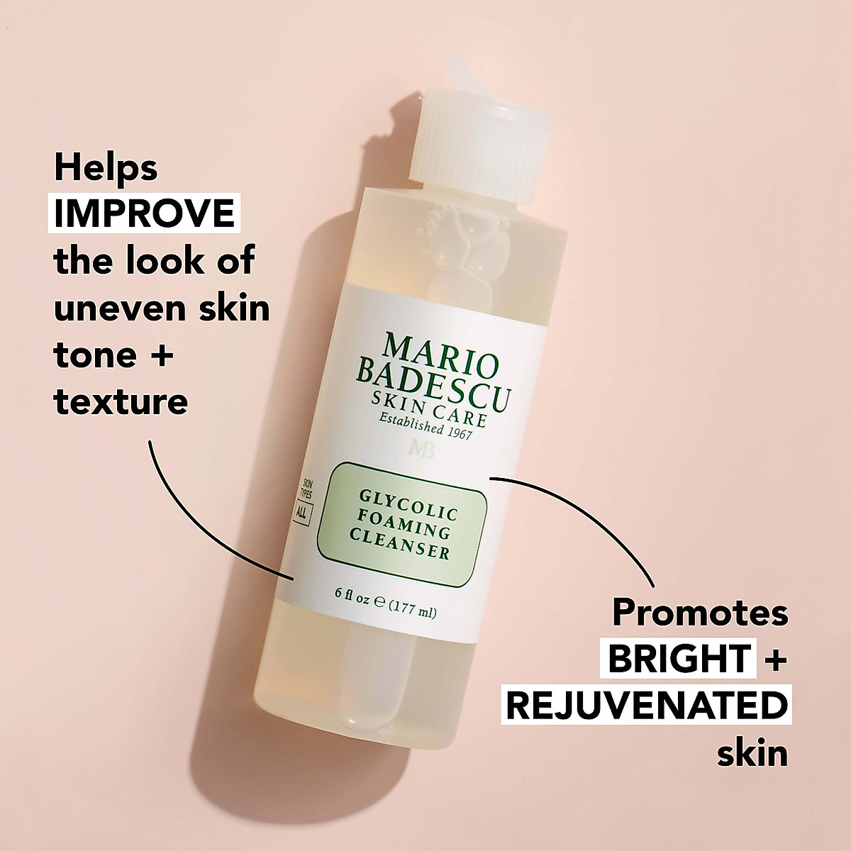 Mario Badescu Glycolic Foaming Cleanser for All Skin Types| Exfoliating Face Wash with Glycolic Acid & Aloe Vera| Visibly Evens Skin Tone & Texture | 6 Fl Oz (Pack of 1)
