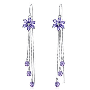 925 Sterling Silver Threader Earrings with Flower Crystal Tassel Long Charm Drop Dangle Earrings Jewelry Gifts for Women