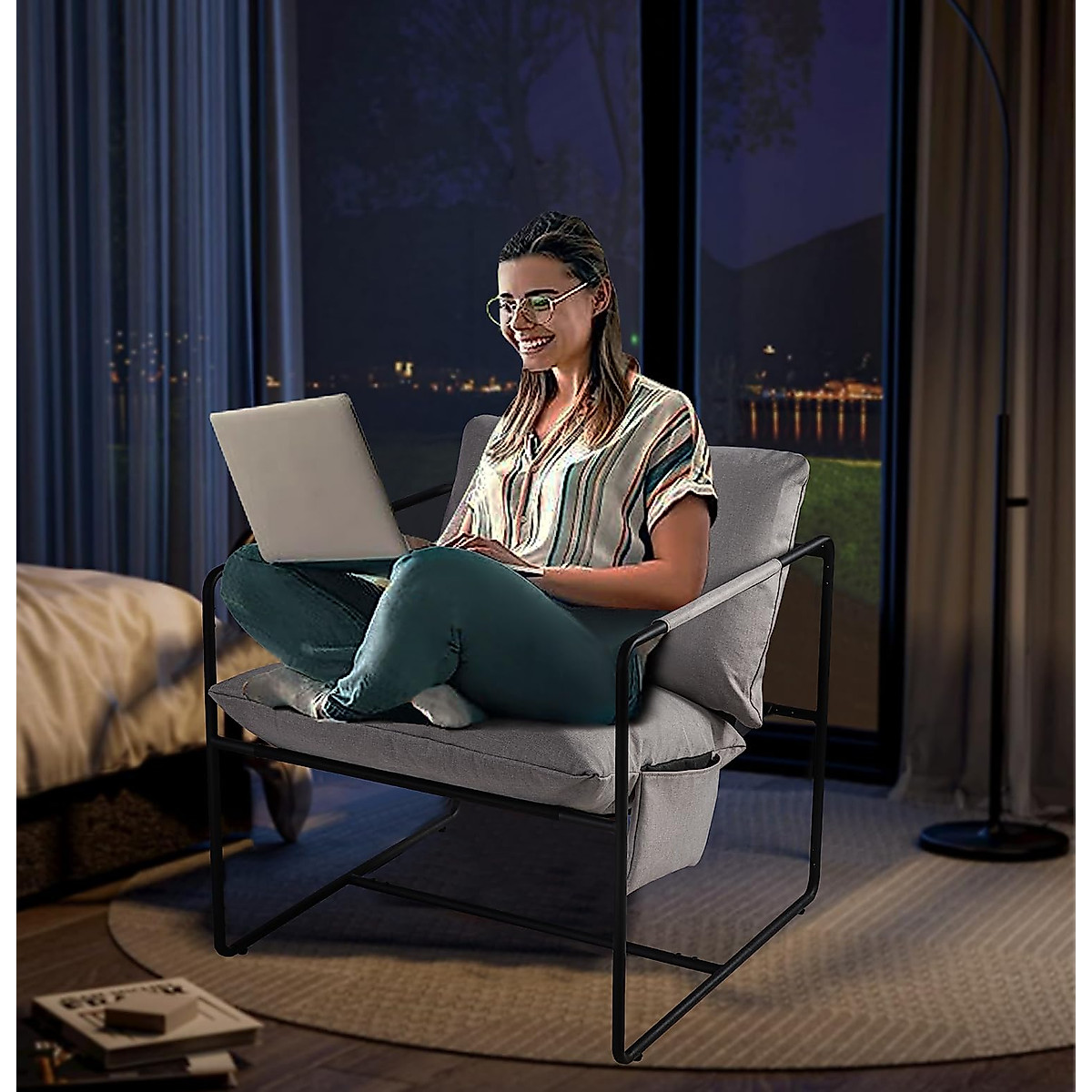 Cfvyne Modern Accent Chair - Simple Metal Framed Armchair, Soft 35D Shredded Foam Cushion Upholstered Comfy Relaxing Chairs for Living Room Bedroom Reading Corner Single Sofa (big size, light brown)