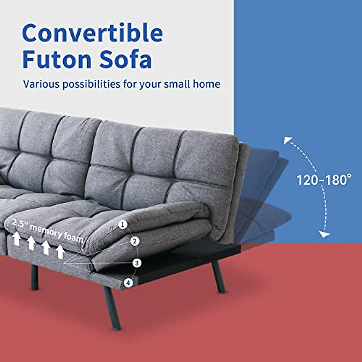 Opoiar Grey Fabric Futon Sofa Bed Couch,3" Memory Foam Loveseat Sofa Bed,71" L Modern Sleeper Sofa Bed with Covertible Armrests,Small Space Sofa Bed for Living Room,Home Office,Apartment