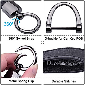 Wisdompro Genuine Leather Car Keychain, Universal Key Fob Keychain Leather Key Chain Holder for Men and Women, 360 Degree Rotatable, with Anti-lost D-ring, 3 Keyrings and 1 Screwdriver - Black