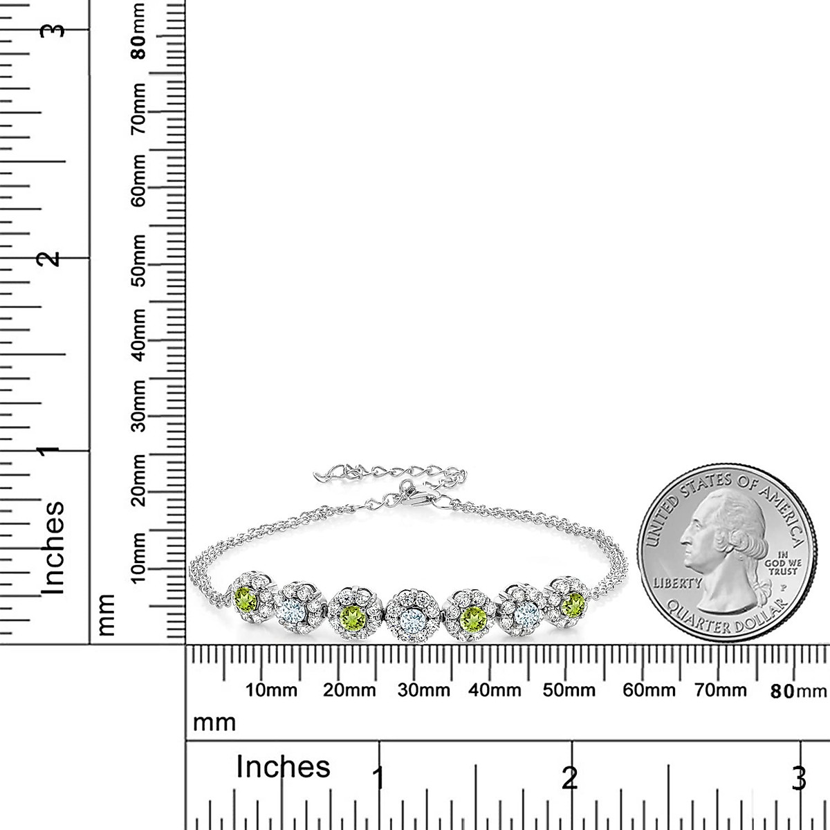 Gem Stone King 925 Sterling Silver Green Peridot and Sky Blue Aquamarine Tennis Bracelet For Women (2.18 Cttw, Gemstone August Birthstone, 7 Inch with 2 Inch Extender)