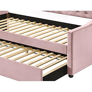 Acme Furniture Twin Fully Upholstered Daybed with Trundle and Button-Tufted Back Panel, Pink Velvet