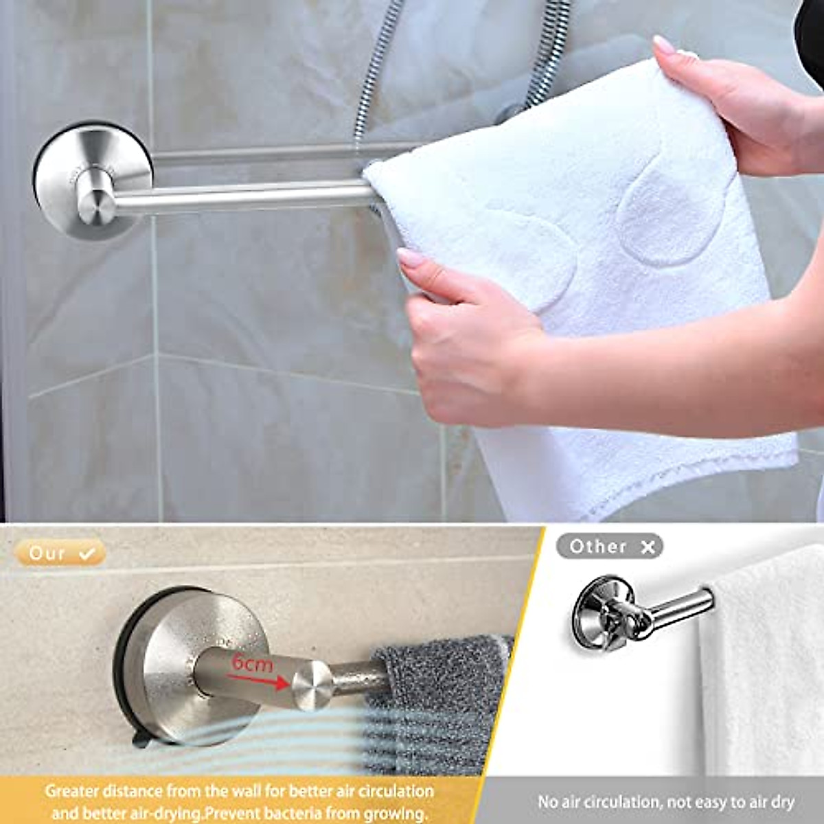 DGYB Suction Cup Towel Bar for Bathroom 17 Inch Brushed Nickel Towel Holder Stainless Steel Premium Kitchen Towel Rack Wall Mounted
