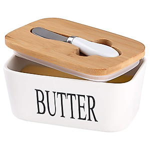 Lxmons Ceramic Butter Dish with Wooden Lid, Large Butter Container Keeper Storage with Stainless Steel Butter Knife Spreader, Bamboo Cover and Silicone Sealing Ring for West East Coast Butter, White