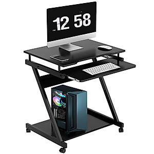 SogesHome 23.6inches Mobile Laptop Desk, Bed Table Portable Computer Desk with Lockable Wheels, Rolling Computer Cart with Keyboard Tray, Black