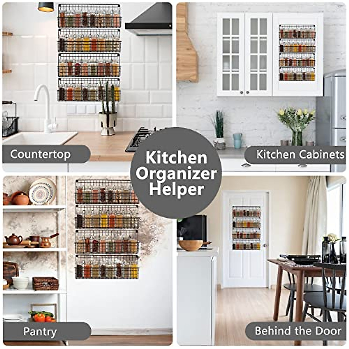 Hanging Spice Racks with Jars, 4-Tier Wall Mounted Metal Spice Racks with 32 Pcs 4oz Glass Spice Jars, Easy To Install Space Saving Organizer Shelf with Seasoning Bottles For Your Kitchen and Pantry