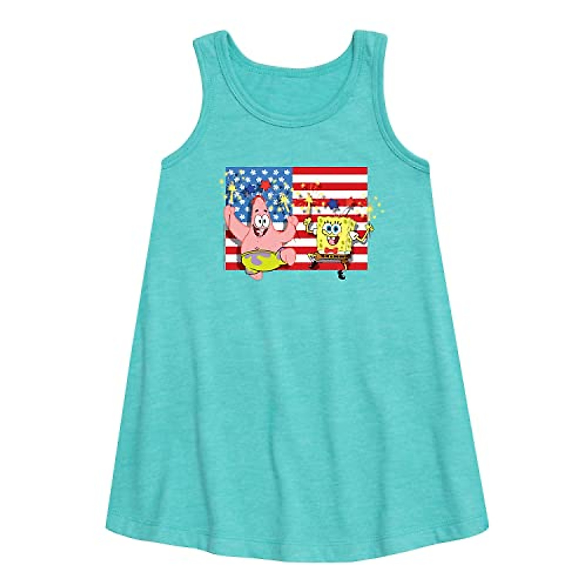 HYBRID APPAREL - Spongebob Squarepants - Patrick Sparkers Flag - Toddler & Youth Girls A-line Dress - Size 5T Turquoise