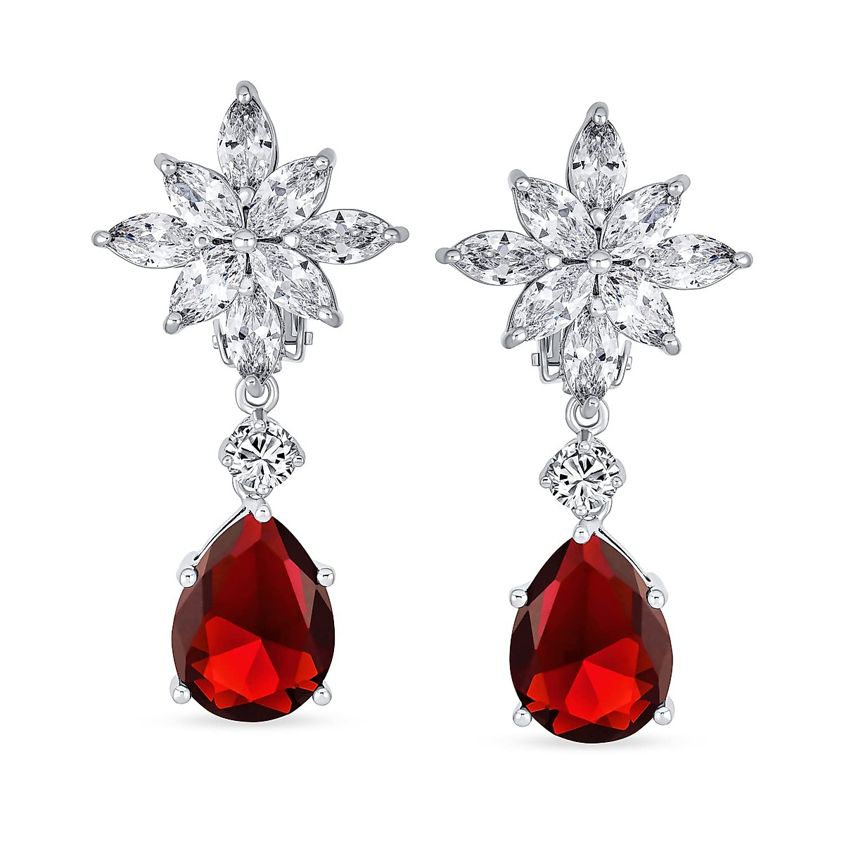 Bridal Art Deco Style Cluster Floral AAA CZ Red Statement Dangle Teardrop Chandelier Clip On Earrings For Women Simulated Ruby Silver Plated